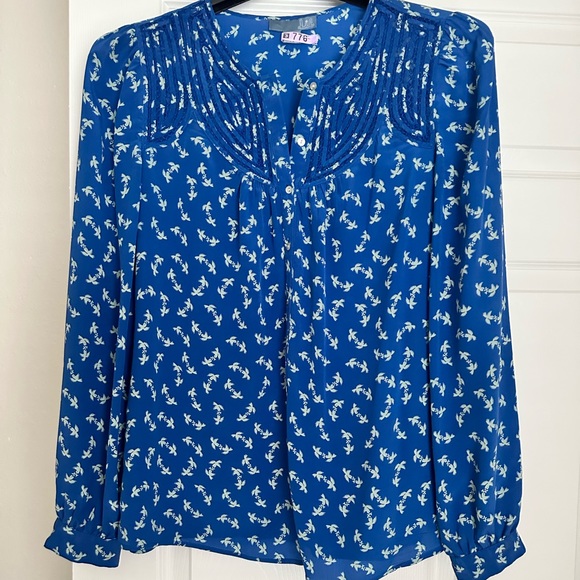Anthropologie | Tops | Anthropologie Lil Blue Silk Bird Blouse 6 | Poshmark